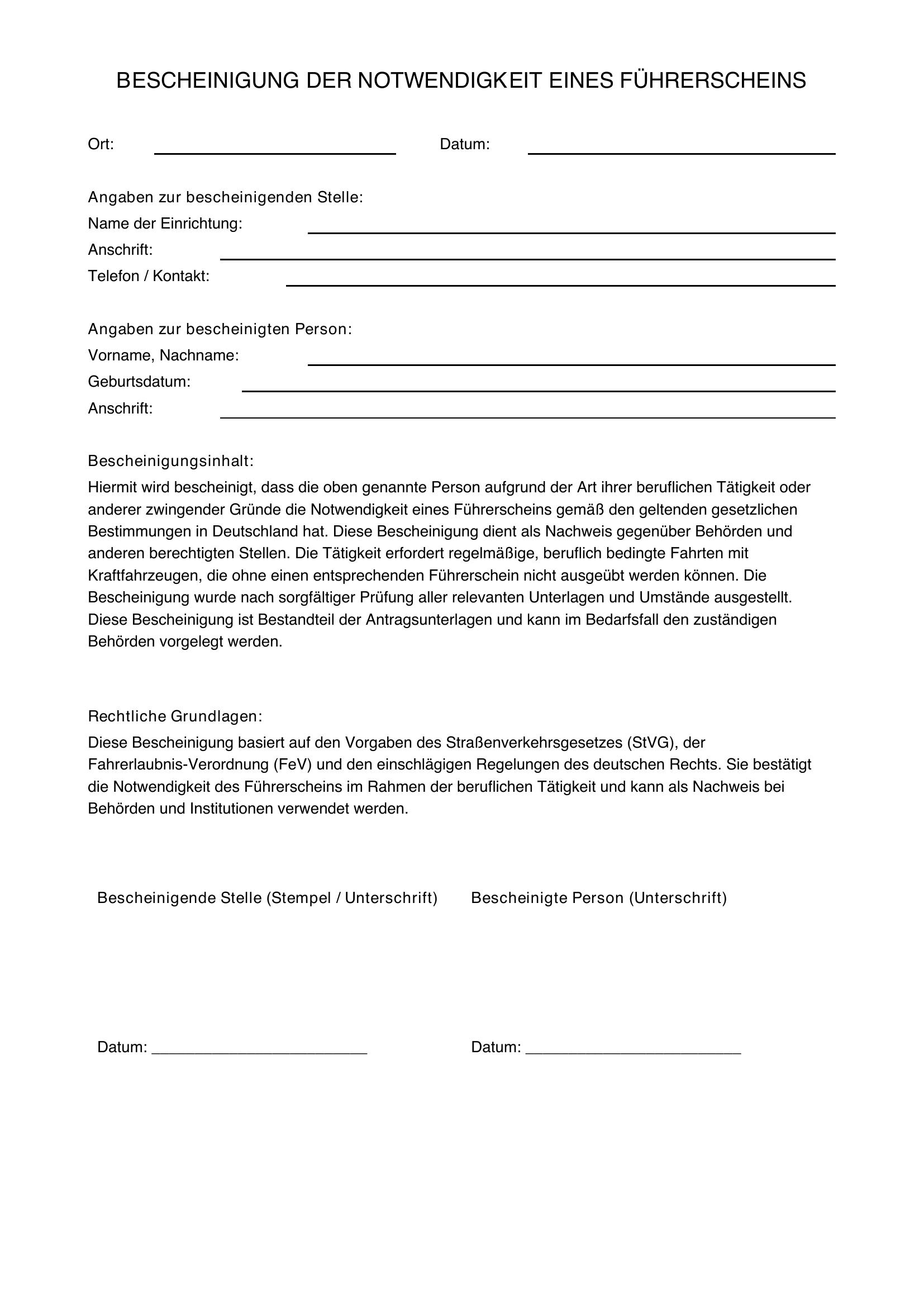 Bescheinigung Notwendigkeit Führerschein Muster