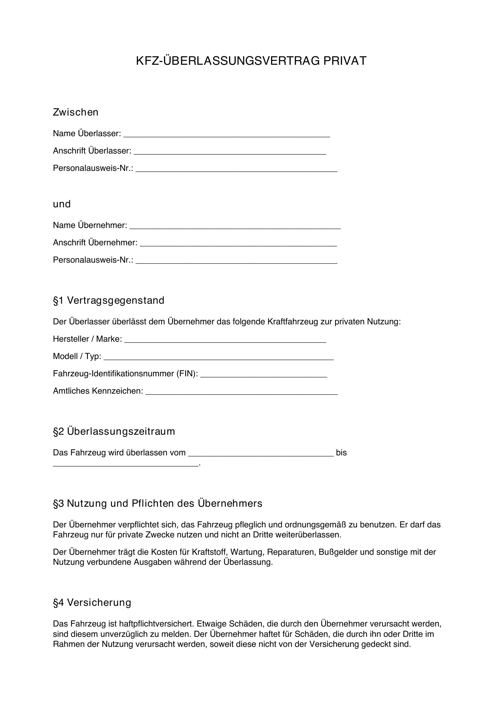 Kfz ãœberlassungsvertrag Muster