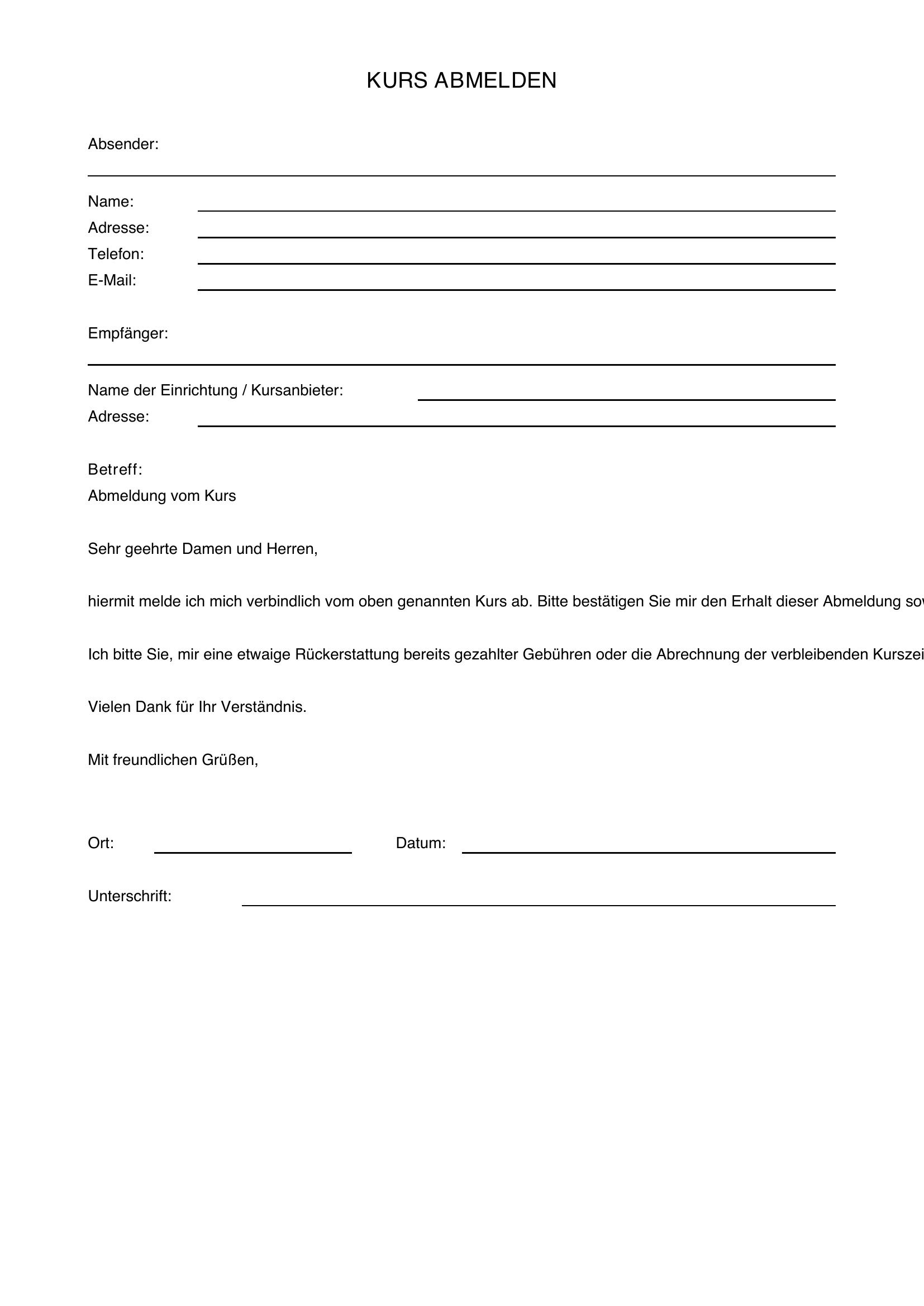 Kurs Abmelden Musterbrief
