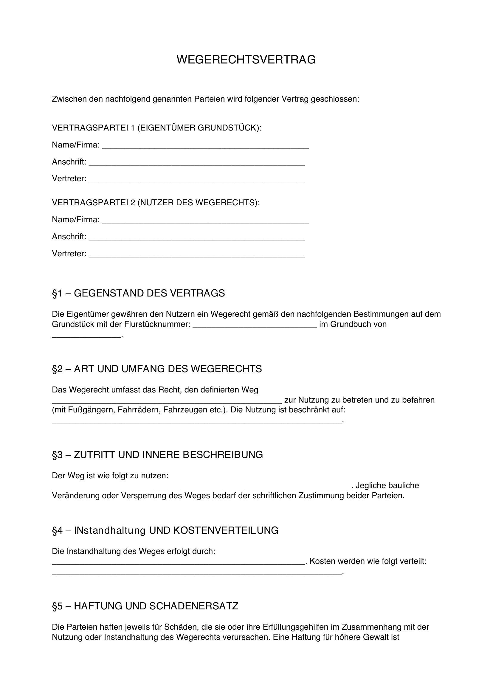 Wegerecht Vertrag Vorlage